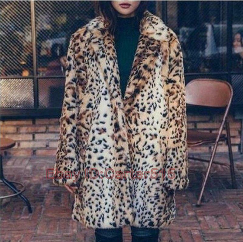 Women Winter Leopard print Faux Rabbit Fur Long Coat Furry Overcoat ...