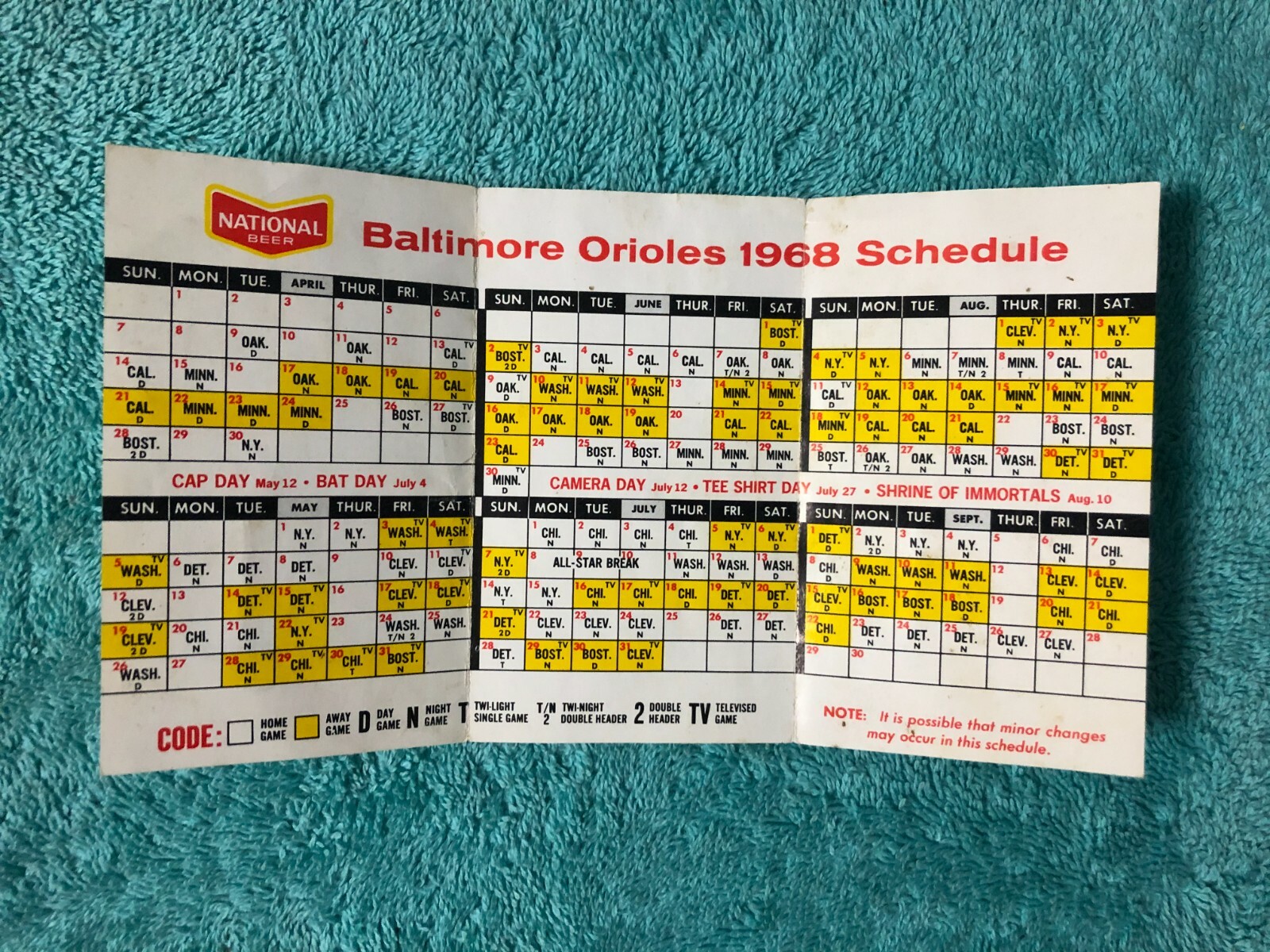 1968 BALTIMORE ORIOLES SCHEDULE NATIONAL BOH | eBay
