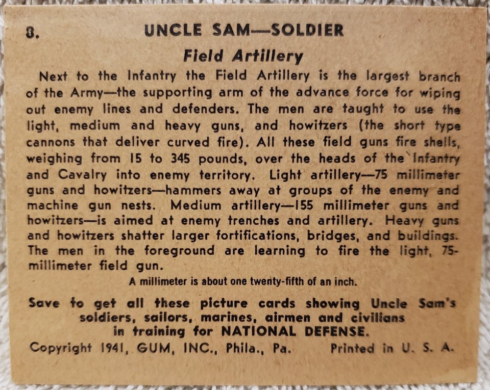 1941 GUM INC UNCLE SAM SOLDIER FIELD ARTILLERY #8 HIGH GRADE NON SPORT ...