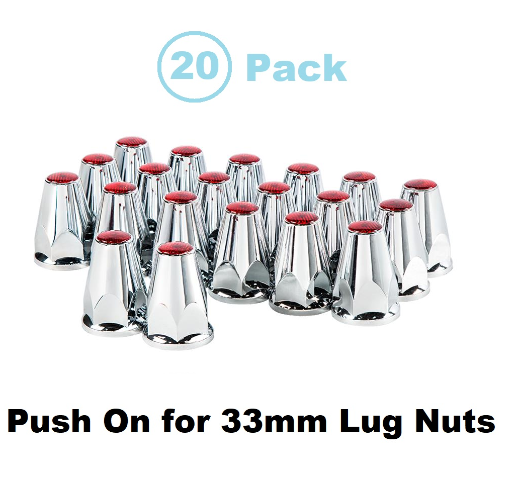 (Set/20) Red Reflector Chrome 33mm Lug Nut Covers w/ Flange Push-On 2-3 ...