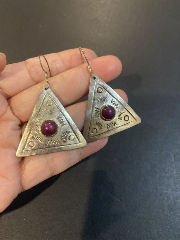 Vintage Sterling Silver Mexico Red Stone Triangle Dangle Earrings ...