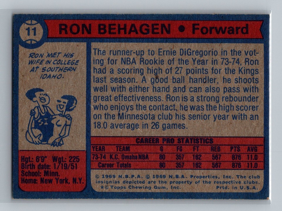 1974-75 Topps Ron Behagen #11 - Kansas City Kings - NEAR MINT to MINT ...