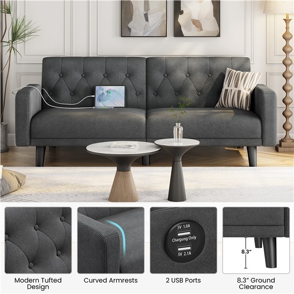 63in Convertible Futon Sofa Bed w/ USB Ports for Small Spaces Apartment ...