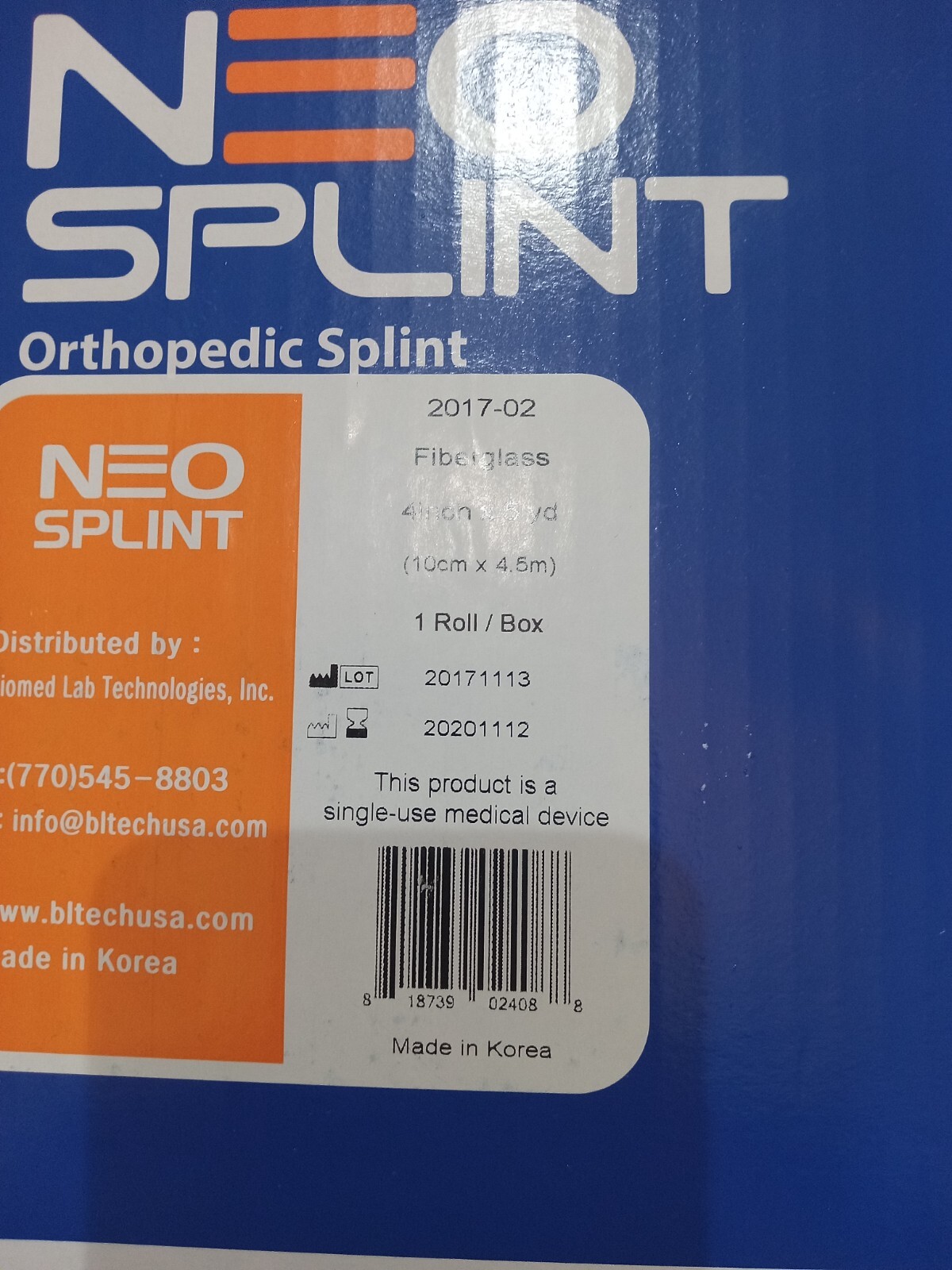 Neo Splint Orthopedic Fiberglass Splint Roll 4" X 15' / 4 inch x 5 ...