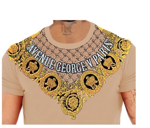 Avenue George V Paris T-Shirt Rhinestone Baroque Men's Beige fitted Tee ...