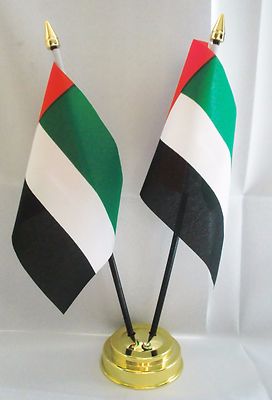 UNITED ARAB EMIRATES X2 TABLE FLAG SET 2 flags plus GOLDEN BASE UAE U.A ...