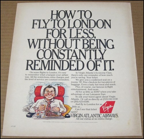 1986 Virgin Atlantic Airways Print Ad 10" x 12" Advertisement Vintage ...
