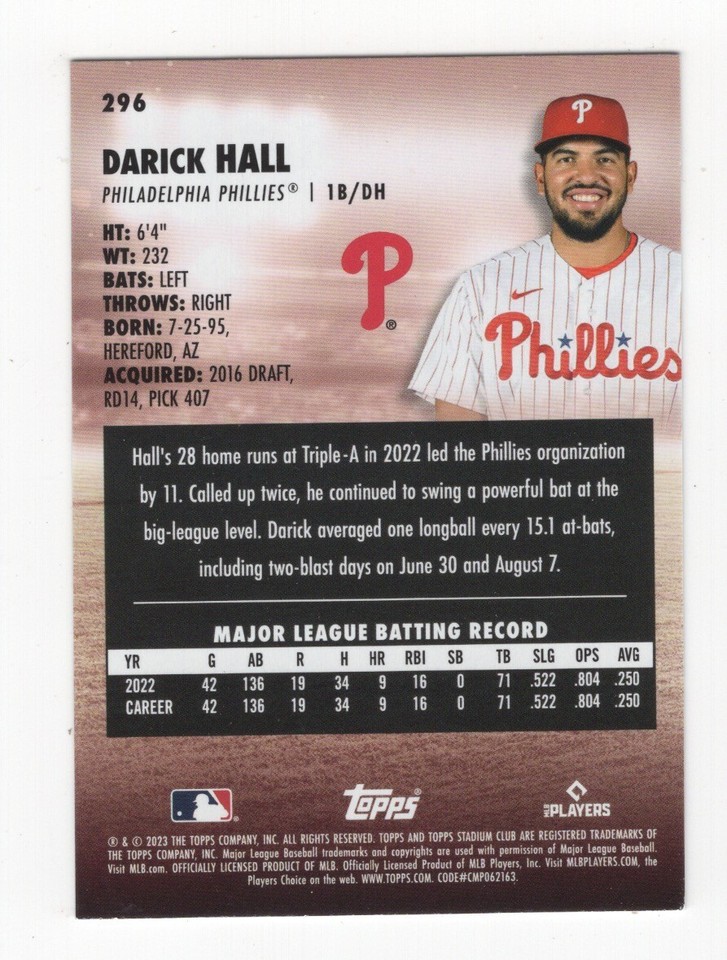 2023 TOPPS STADIUM CLUB BASEBALL SEPIA RC DARICK HALL PHILADELPHIA ...