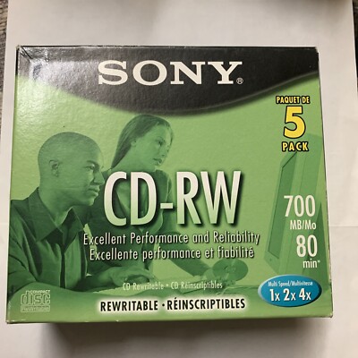 SONY CD-RW BLANK REWRITABLE CD DISC 5 PACK 700MB 80 MIN MINUTES NEW ...