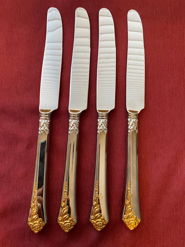 4 Dinner Knives Golden Damask Rose Oneida Stainless Steel Heirloom Cube ...