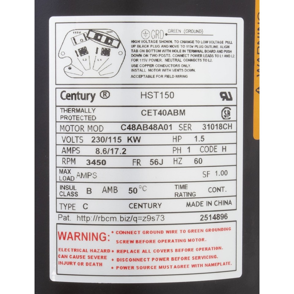 Century® HST150 Pool Motor, 1.5 HP, 115 - 230 V , 1 Speed, C Face, 56J ...