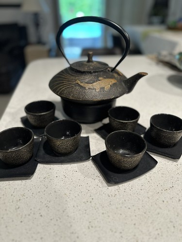 TEAVANA Koi Fish Cast Iron Tea Pot Kettle Cups Saucers And Warmer Set ...