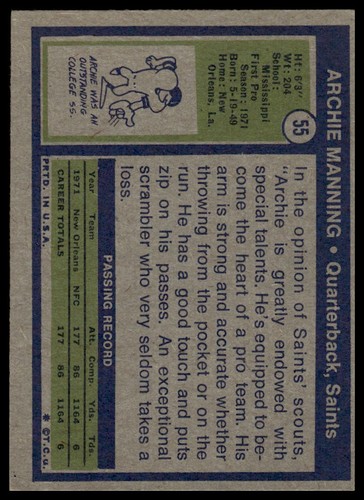 1972 Topps Archie Manning #55 Rookie New Orleans Saints RC - Free ...