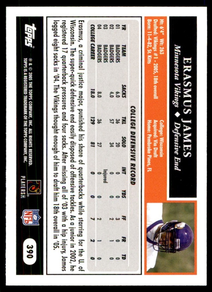 2005 TOPPS ERASMUS JAMES MINNESOTA VIKINGS #390 | eBay