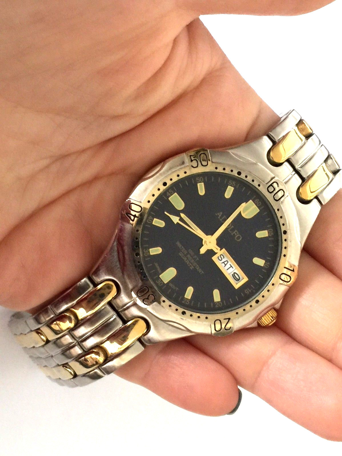 ADOLFO AF1176 138 PC33 TWP TONE DAY DATE DARK BLUE DIAL MENS WATCH RUNS ...