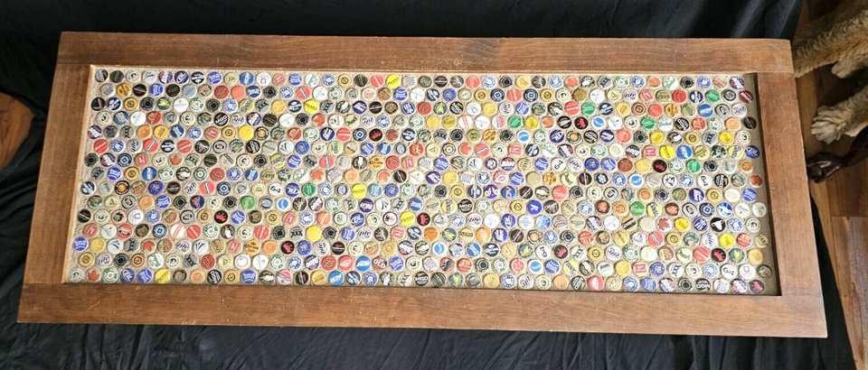 VINTAGE BEER BOTTLE CAPS COFFEE TABLE COLLECTIBLE MEMORABILIA FURNITURE ...