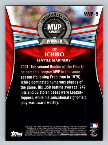 Ichiro 2017 Topps Update #MVP-8 Seattle Mariners MVP Award Winners ...