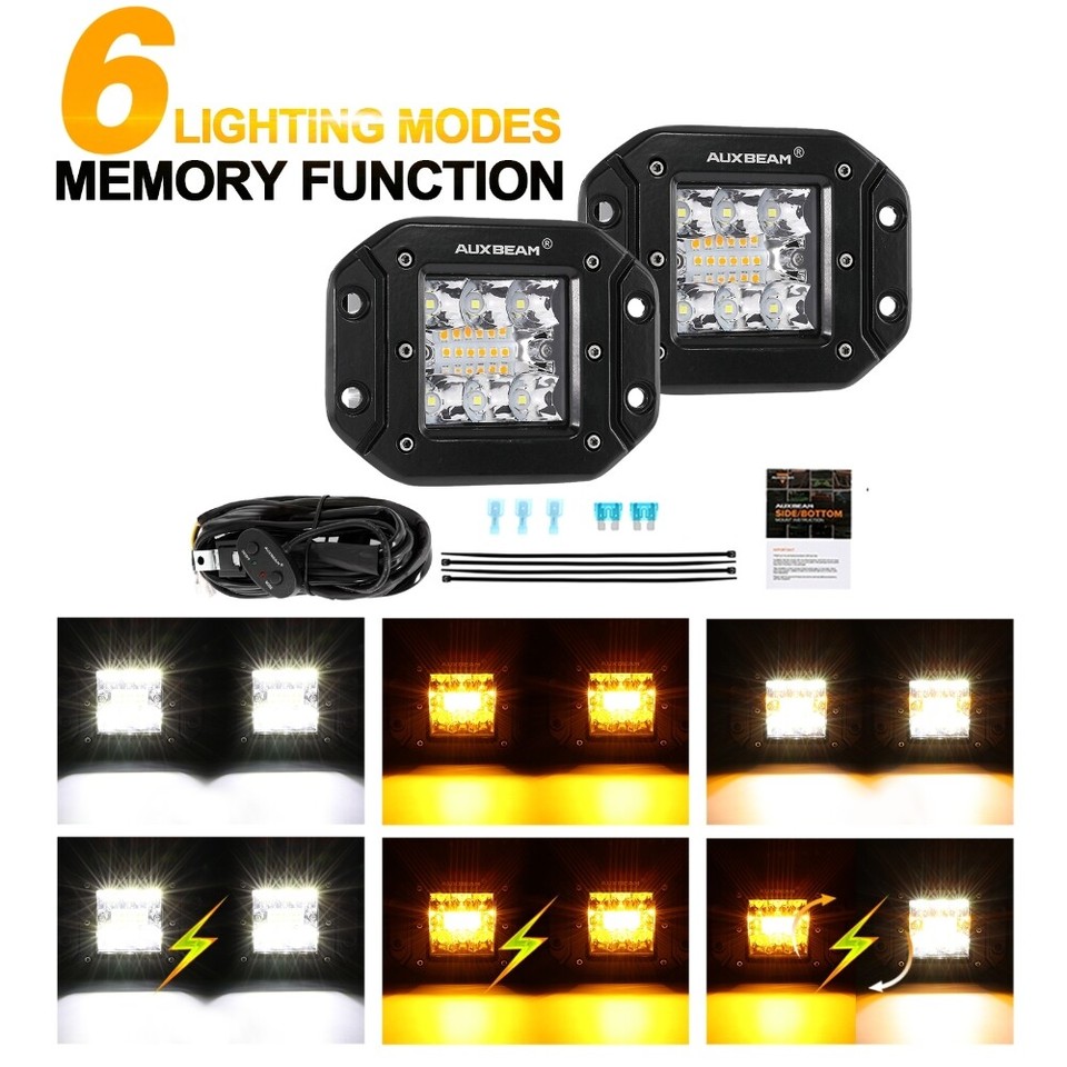AUXBEAM 72W Led Light Pods Spot Flood White Amber Strobe 6 Modes Memory ...