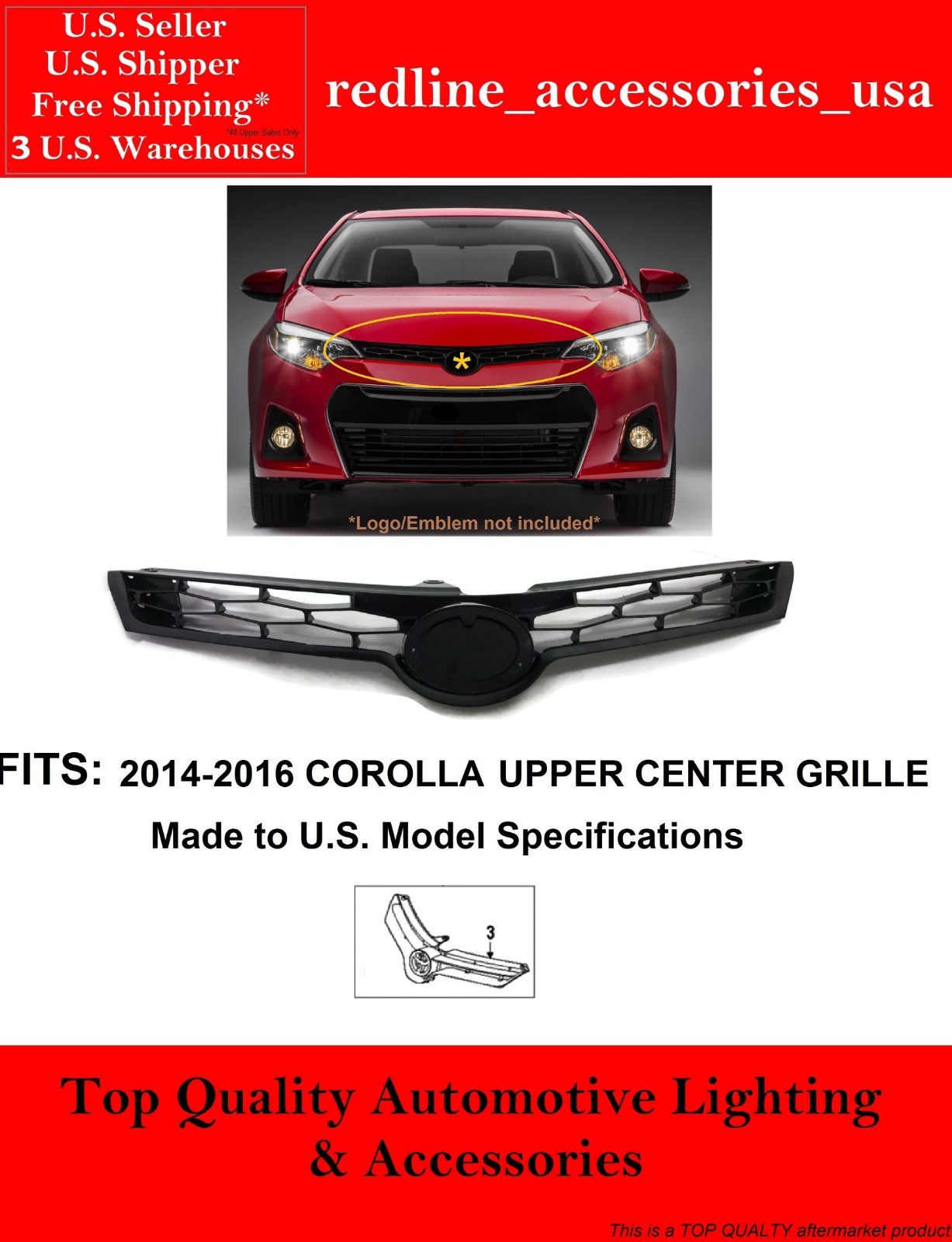 FRONT UPPER GRILLE REPLACEMENT FOR FITS 2014-16 S SE TOYOTA COROLLA ...
