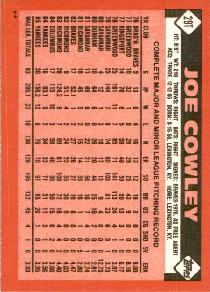 1986 Topps Traded Joe Cowley Baseball Cards #29T | eBay