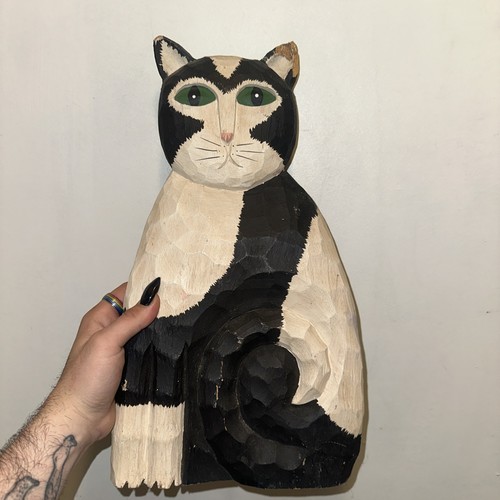 James Haddon Signed Hand Carved Wood Folk Art Cat Sculpture 15 1/2 ...
