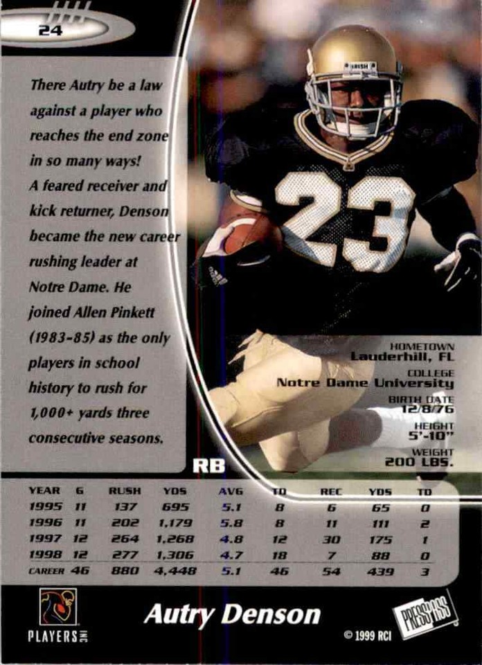 1999 Press Pass Football Cards Autry Denson #24 8548 | eBay