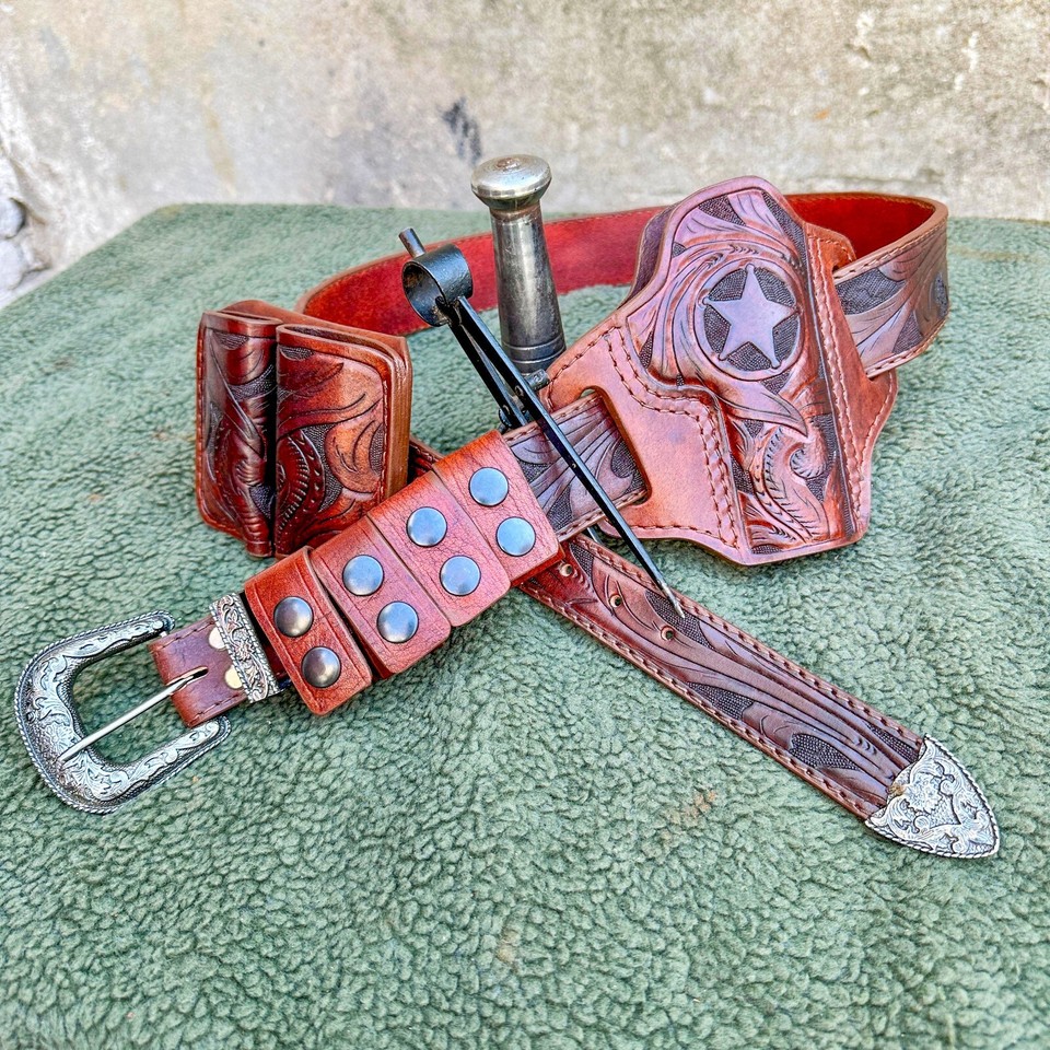 Texas BBQ Rig Hand Carved Leather Gun Belt With 3 Piece Buckle for ...