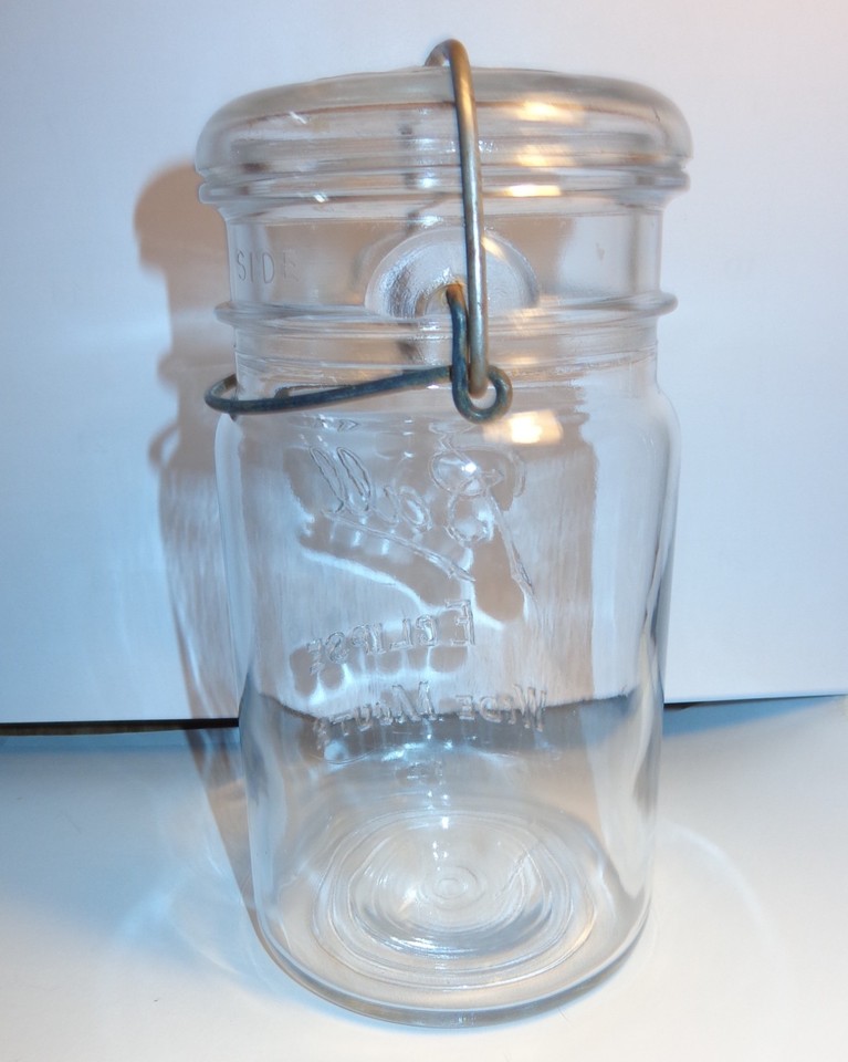 1 OLD VINTAGE BALL ECLIPSE WIDE MOUTH CLEAR GLASS QUART BAIL HANDLE ...