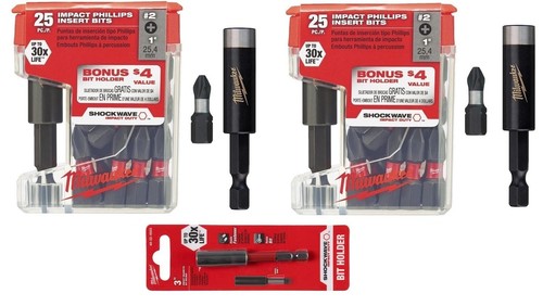 2 Milwaukee 25 Pk 48-32-5009 #2 Phillips Shockwave Bit Tips &3" Holder ...