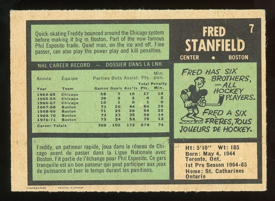 1971-72 OPC O PEE CHEE NHL Hockey #7 Fred Stanfield EX+ BOSTON BRUINS ...
