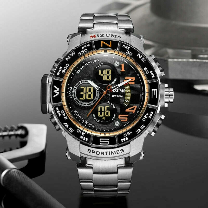 MIZUMS Men Sport Watches Gold Steel Wristwatch Digital Quartz Large ...