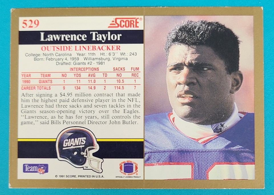 1991 Score #529 Lawrence Taylor New York Giants FOOTBALL Card L7 | eBay