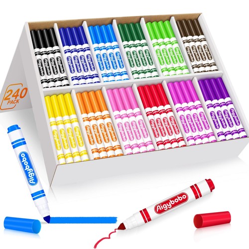 240 Count Washable Markers Bulk, 12 Assorted Colors, Broad Line Conical ...