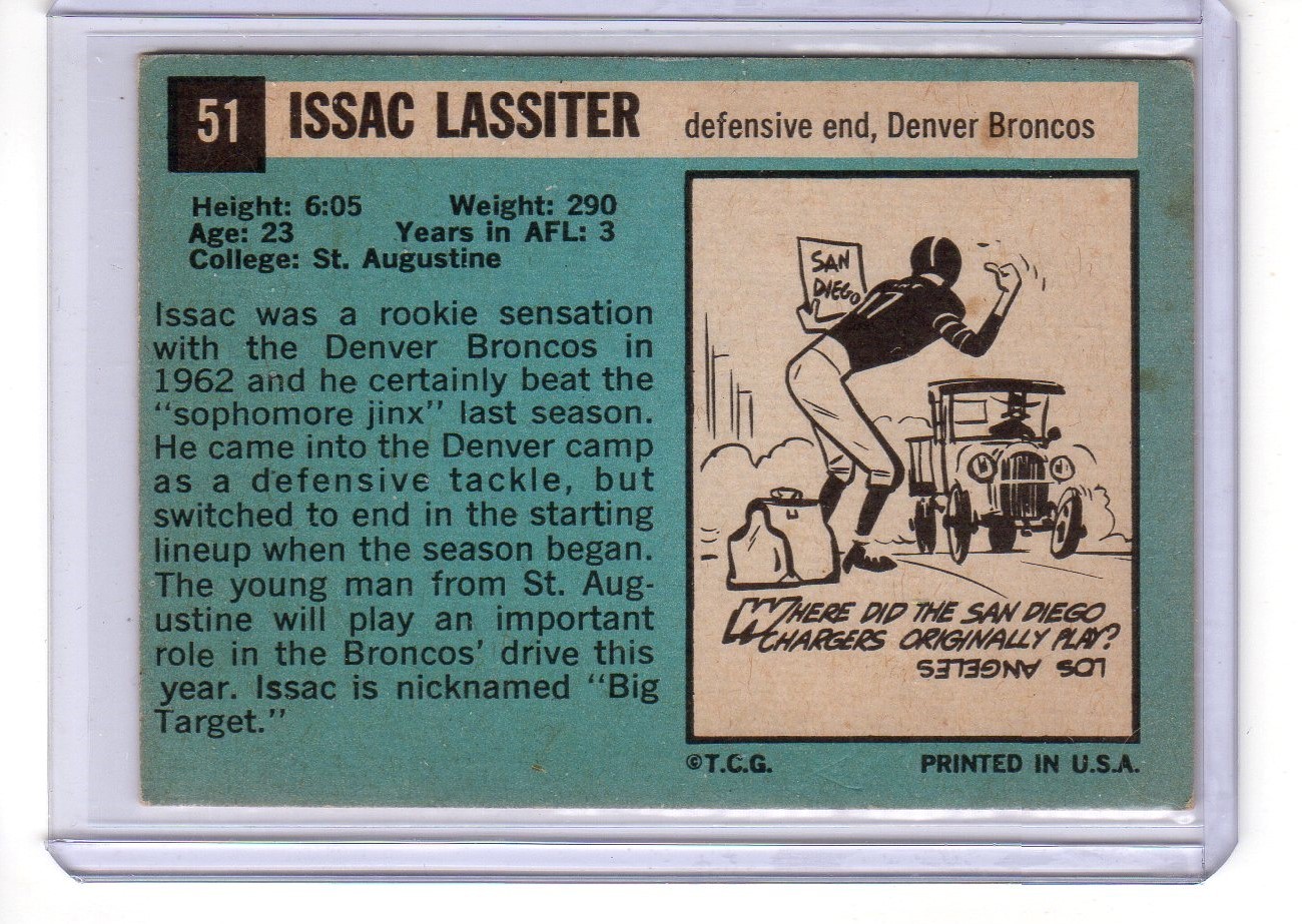 IKE LASSITER 1964 Topps Football ROOKIE Card #51 St. Augustine DENVER ...