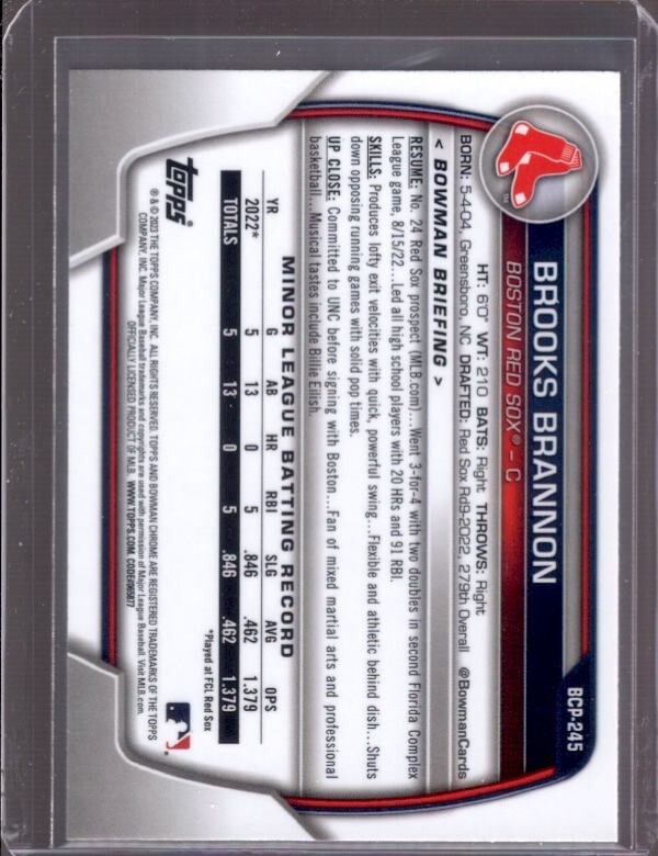 BROOKS BRANNON 2023 Bowman Chrome 1st #BCP-245 RC Boston Red Sox Qty | eBay