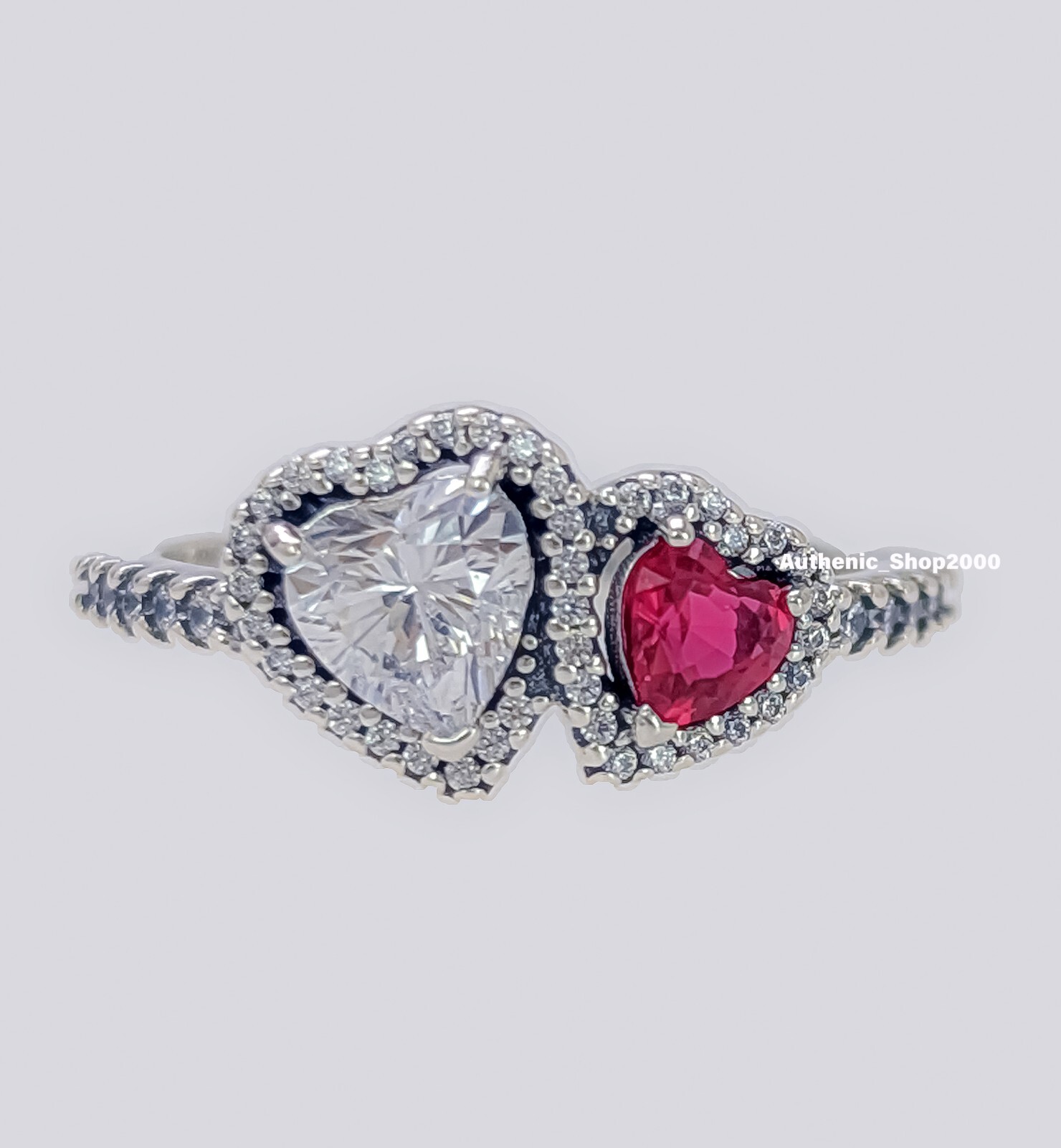 New 100% Authentic PANDORA 925 Ale Red Sparkling Halo Two Hearts Ring ...