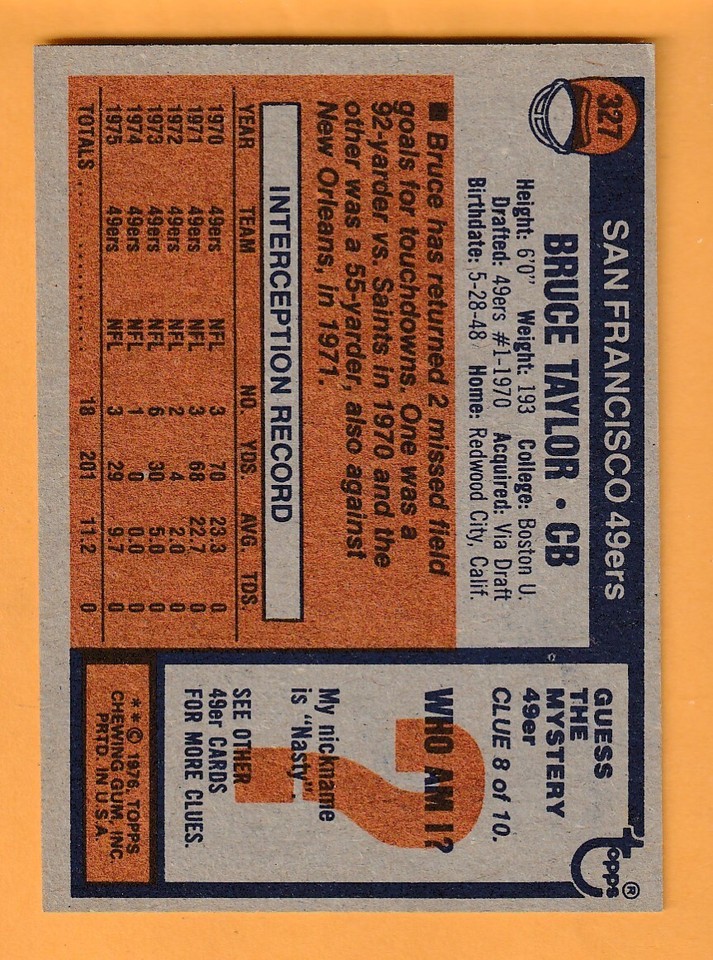 Bruce Taylor San Francisco 49ers AUTO Signed 1976 Topps Perth Amboy NJ ...