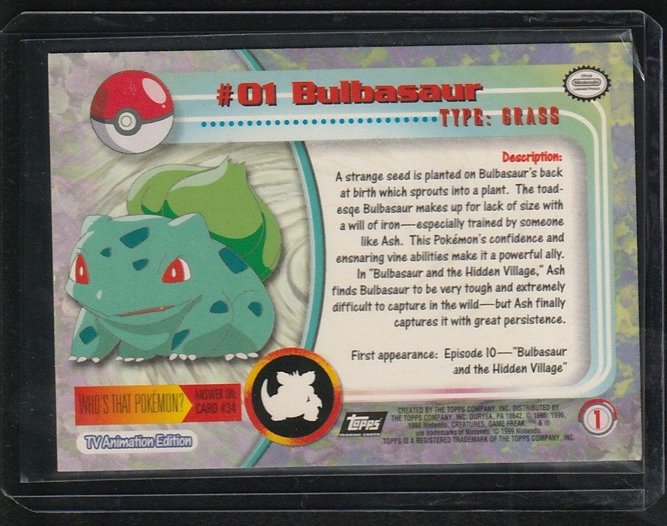 Bulbasaur #01 - 1999 Pokemon Topps TV Animation Edition Series - Rare ...