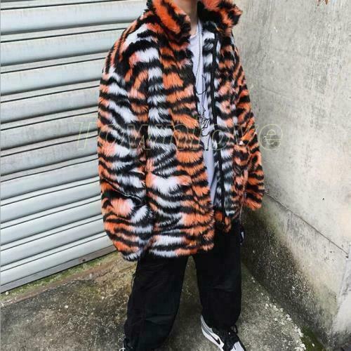 Men's Winter Stand Collar Faux Fur Tiger Stripes Jackets Thicken Padded ...