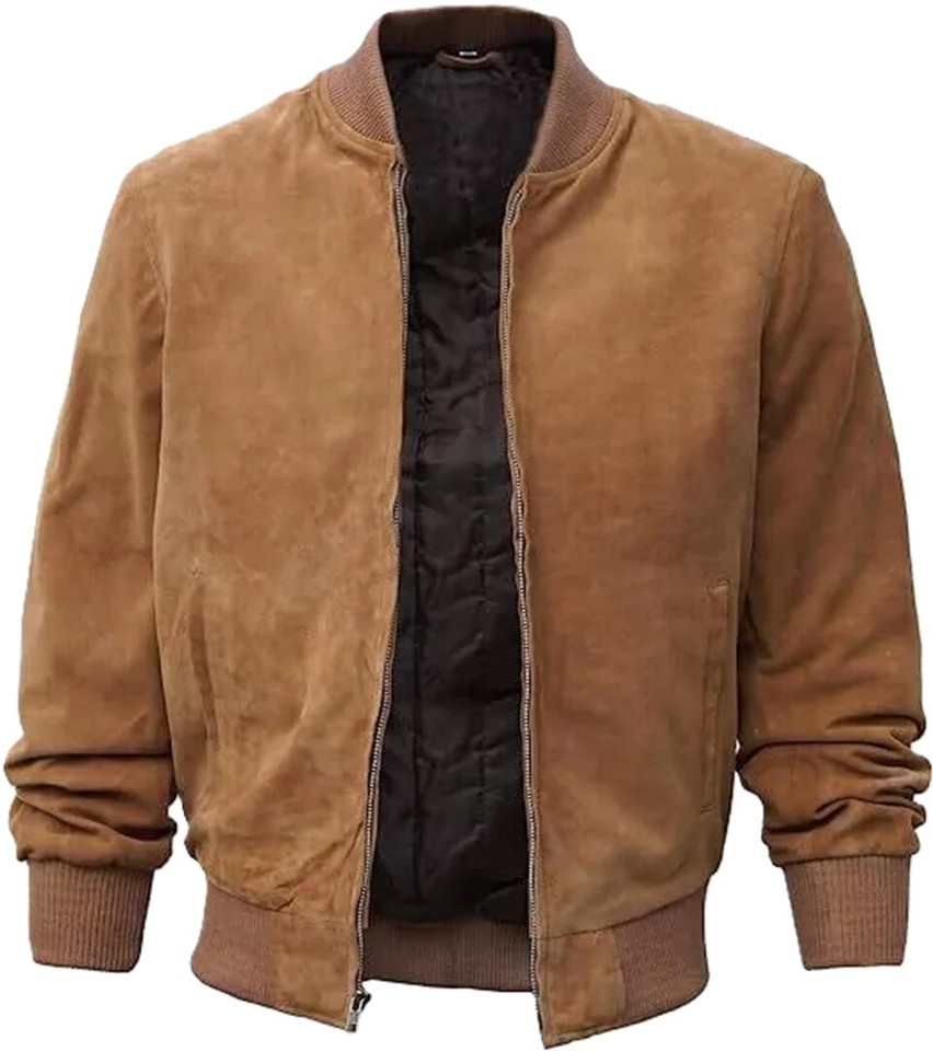Men's Real Suede Jacket 100% Soft Leather B2 Bomber Flight Camel Brown ...