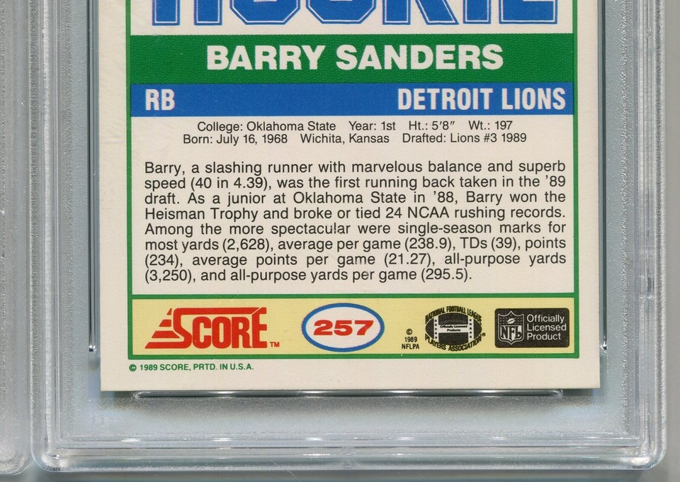 1989 Score Barry Sanders Rookie Card RC Graded PSA 9 Mint Football #257 ...