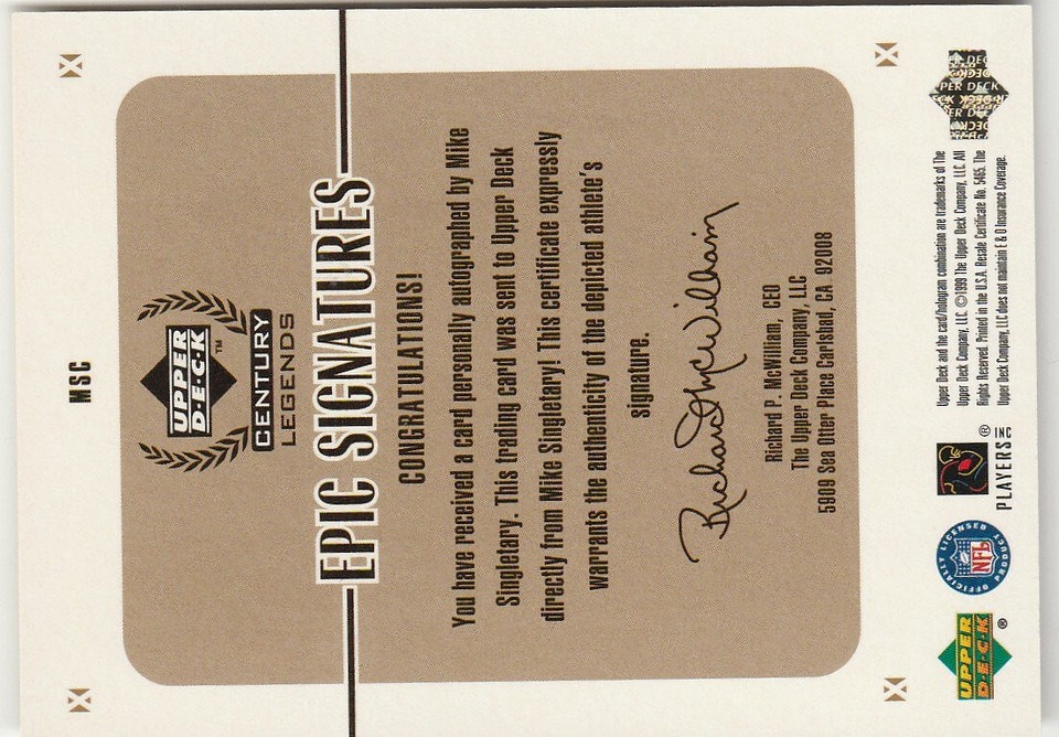 Mike Singletary 1999 Upper Deck Century Legends Epic Signatures Gold 74 ...