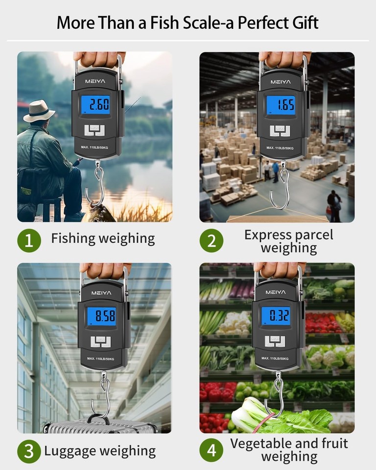Digital Fish Scale 110Lb/50Kg Backlit LCD Portable Stainless Steel Hook ...