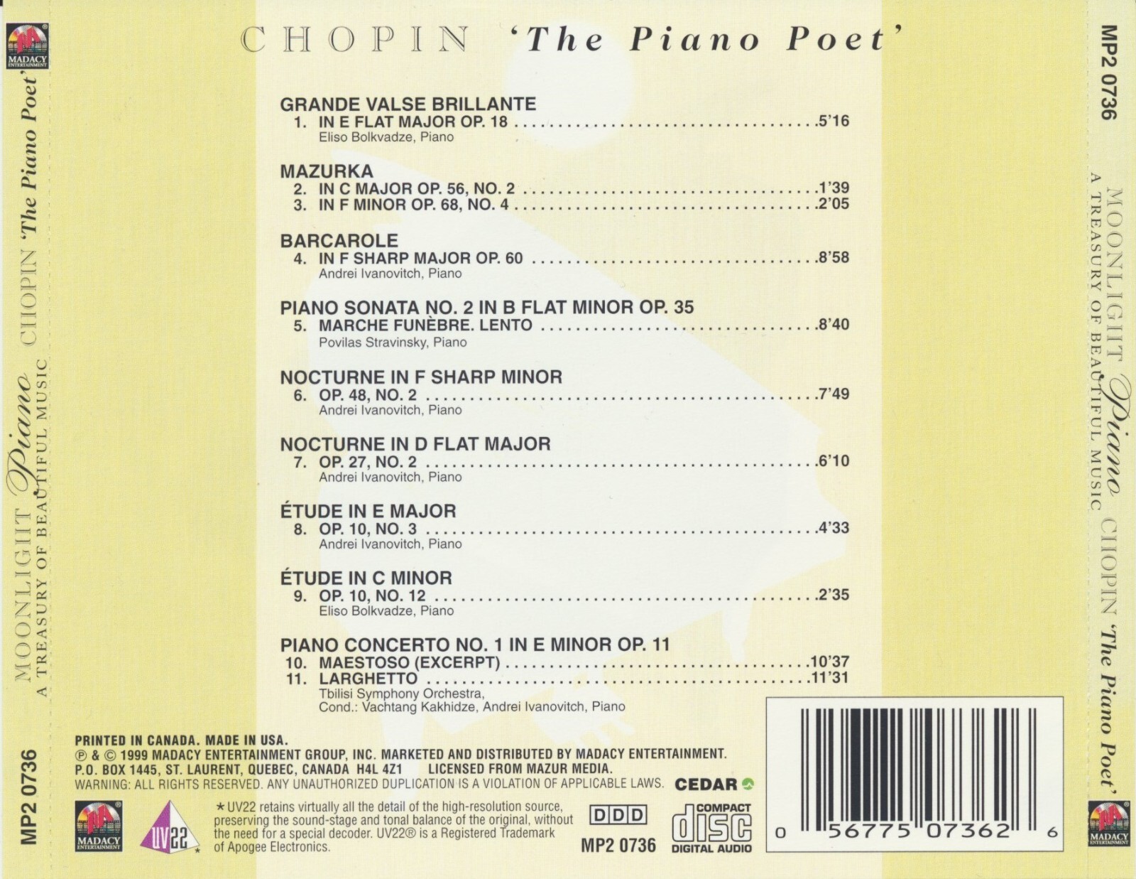 Moonlight Piano: Chopin "The Piano Poet" by Various (CD, 1999, Madacy ...