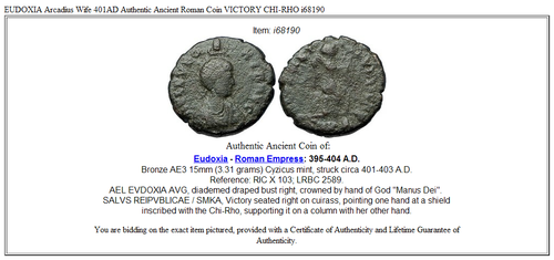 EUDOXIA Arcadius Wife 401AD Authentic Ancient Roman Coin VICTORY CHI ...