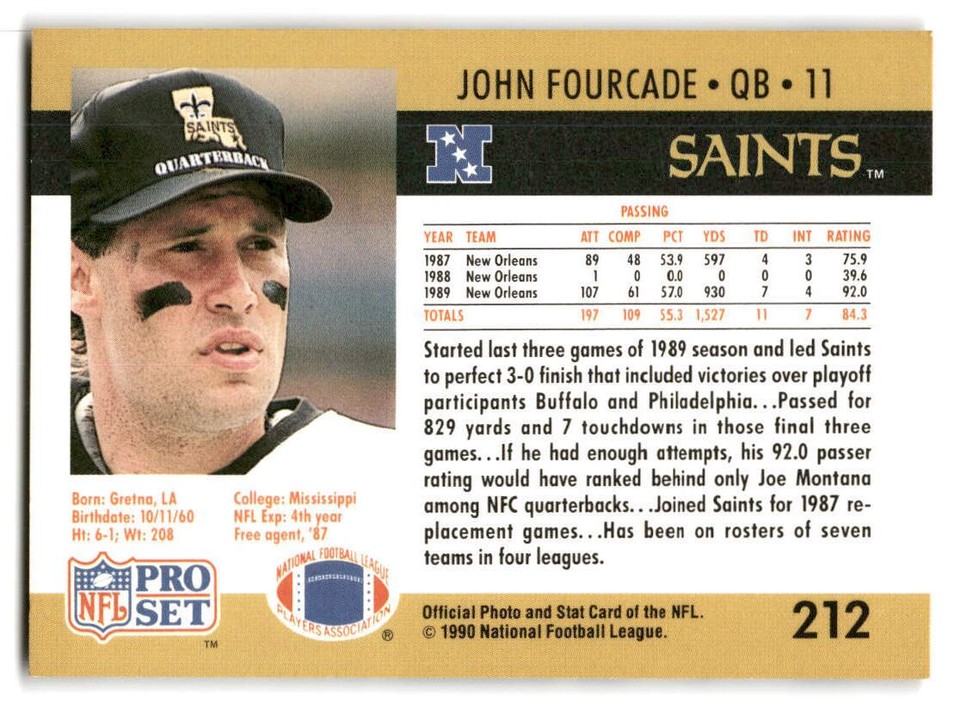 John Fourcade 1990 Pro Set #212 New Orleans Saints FOOTBALL | eBay