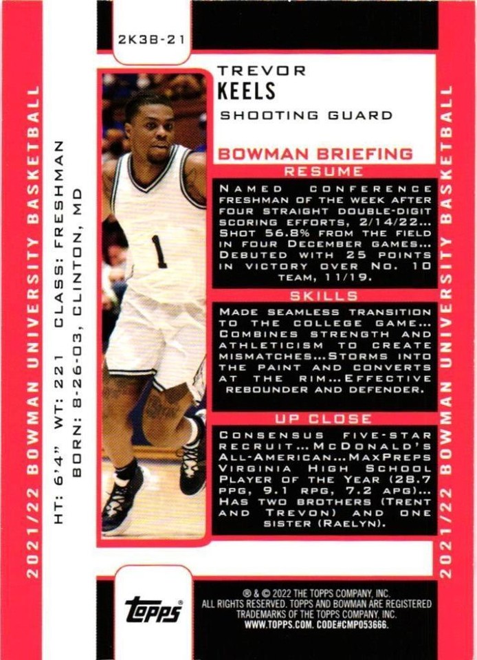 TREVOR KEELS 2022 Bowman U #2k38-21 READ FOR $1 PROMO RULE B17R2S26P14 ...