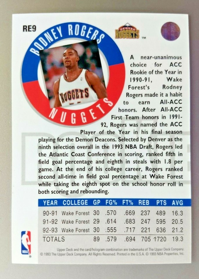 1993-94 UPPER DECK RODNEY ROGERS GOLD ROOKIE EXCHANGE CARD#RE9 NR-MINT ...