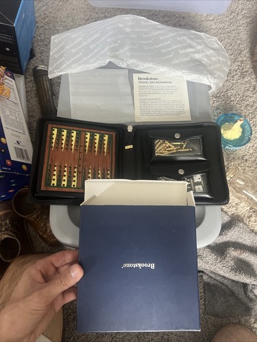VTG BACKGAMMON Game Deluxe Travel Set Brookstone WOOD METAL Zip Case ...