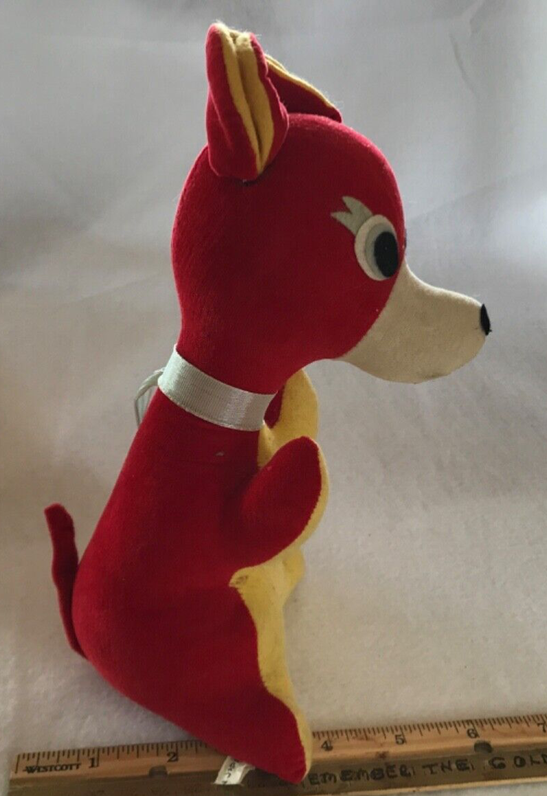 vintage 1960's sawdust filled 9" plush red & yellow dog blue ribbon ...